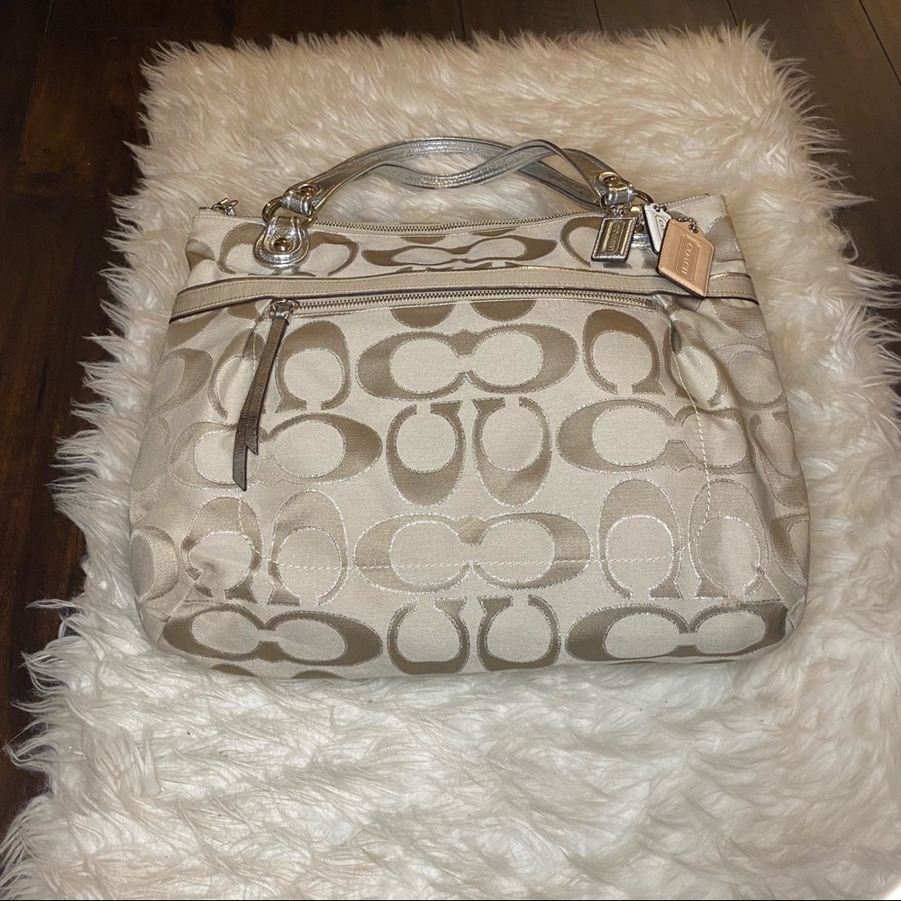 Coach Poppy Metallic Signature Sateen Glam Tote - Gem